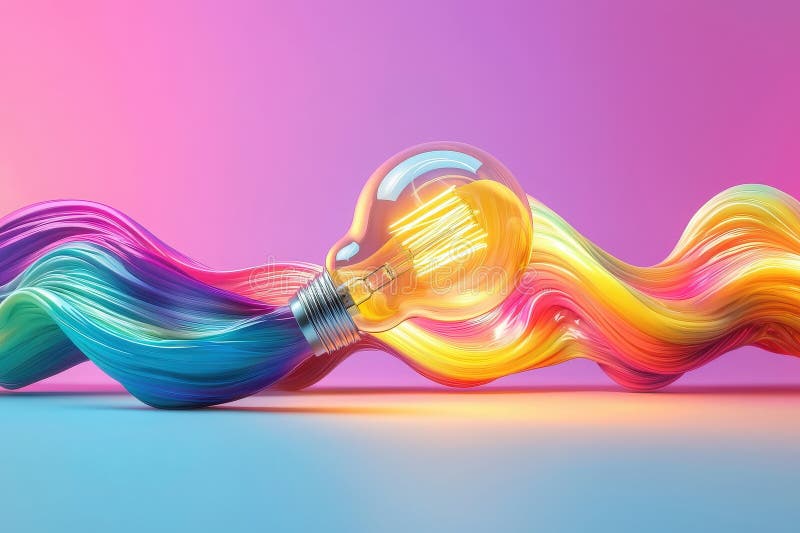 Bright Light Bulb Rests on Colorful Flowing Waves Against a Vibrant ...