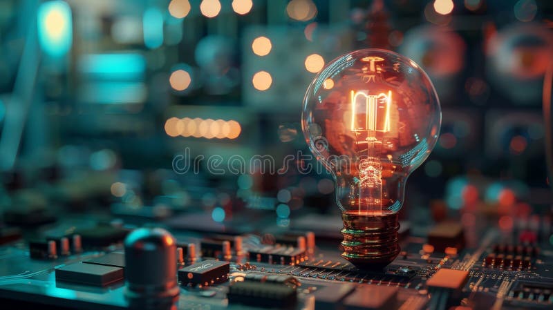 A Light Bulb is Lit Up on a Circuit Board Stock Image - Image of ...