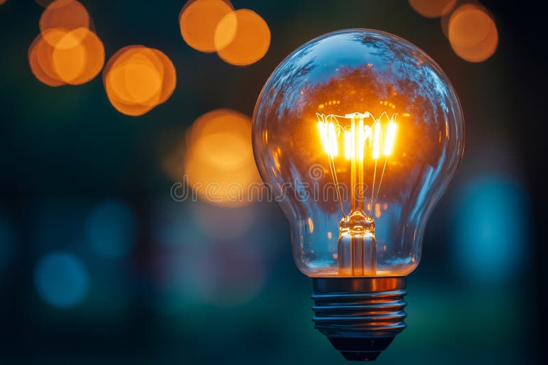 Lit Incandescent Light Bulb Warm Glow Blurred Bokeh Background Stock ...