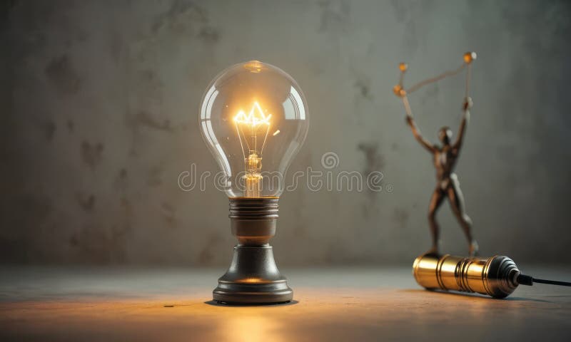 A Light Bulb is Lit Up in the Foreground, with a Statue of a Man in the ...
