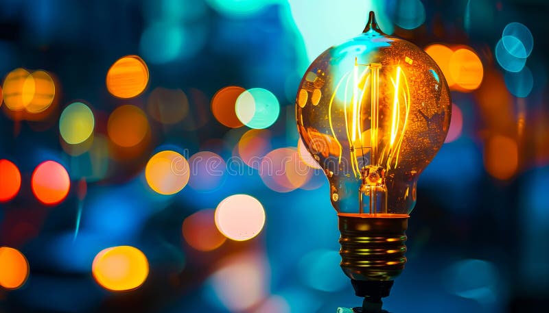 A Light Bulb is Lit Up in Front of a City Stock Image - Image of lamp ...