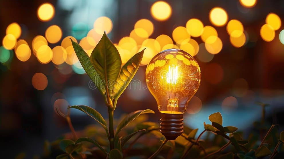 A Light Bulb is Lit Up in Front of a Plant, AI Stock Photo - Image of ...