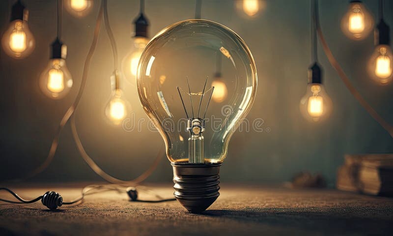 A Light Bulb is Lit Up in the Middle of a Table with a Bunch of Books ...