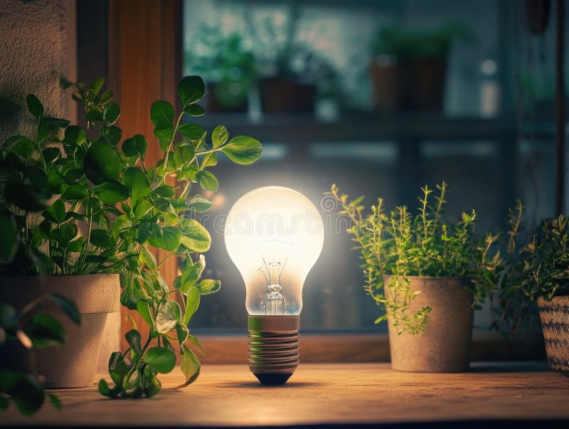 Light Bulb is Lit Up in a Room with Plants Stock Image - Image of green ...
