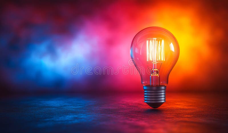 A Light Bulb is Lit Up in a Room with a Purple and Blue Background ...