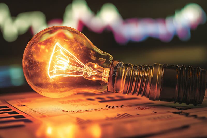 A Light Bulb is Lit Up on a Table with a Graph Behind it Stock ...
