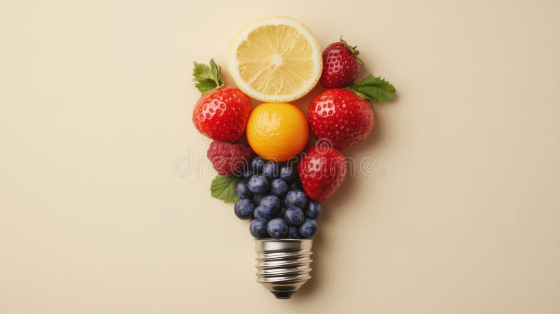 Light Bulb Made from Assorted Fresh Fruits on Beige Background ...