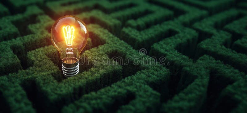 Light Bulb in Maze Symbolizing Ideas and Solutions. Bright Glowing Bulb ...