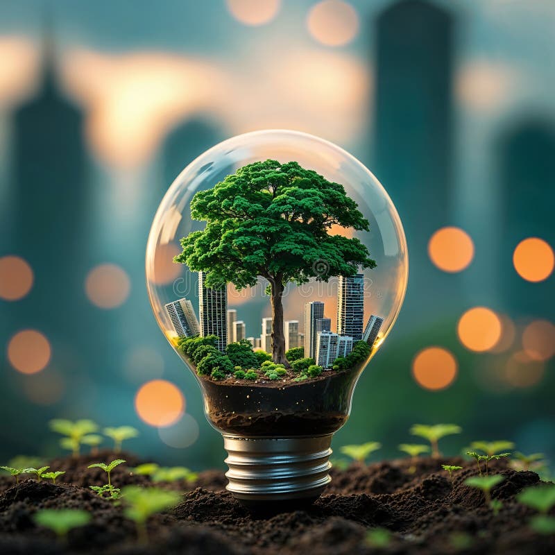 Light Bulb with Miniature Ecosystem Against Blurred Cityscape ...