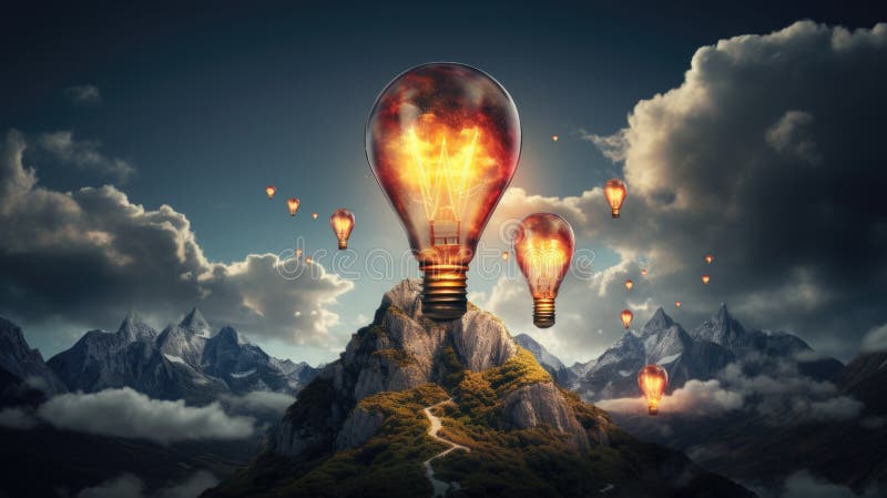 Light Bulb and Mountain Landscape. Concept of Idea, Business, Solution ...