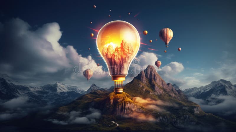 Light Bulb and Mountain Landscape. Concept of Idea, Business, Solution ...