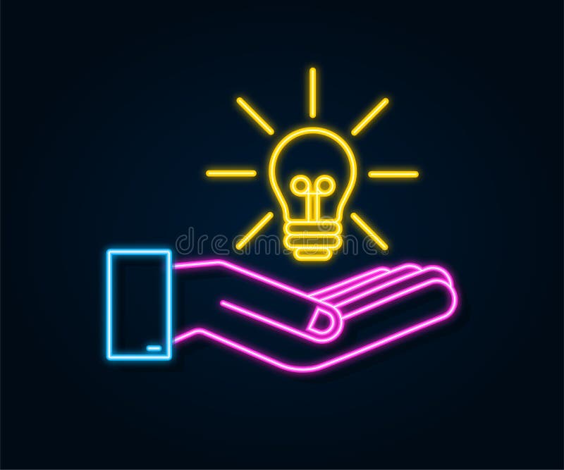 Light Bulb Neon Icon with Hands. Lamp, Incandescent Bulb. Vector Stock ...