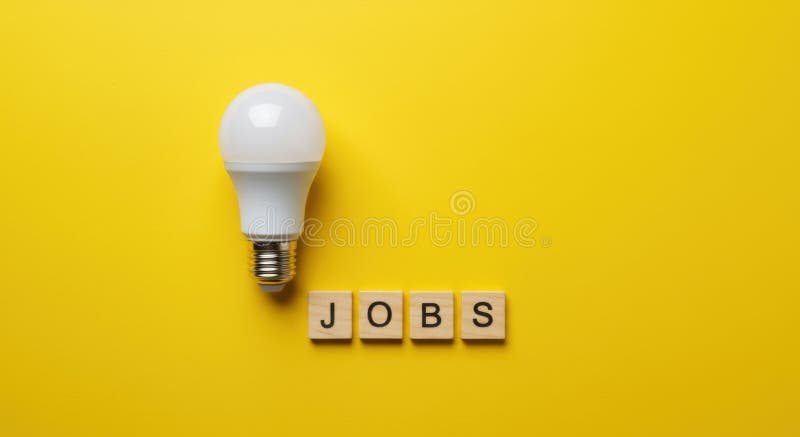 Light Bulb Next To JOBS Tiles on Yellow Background. Idea for Work Stock ...