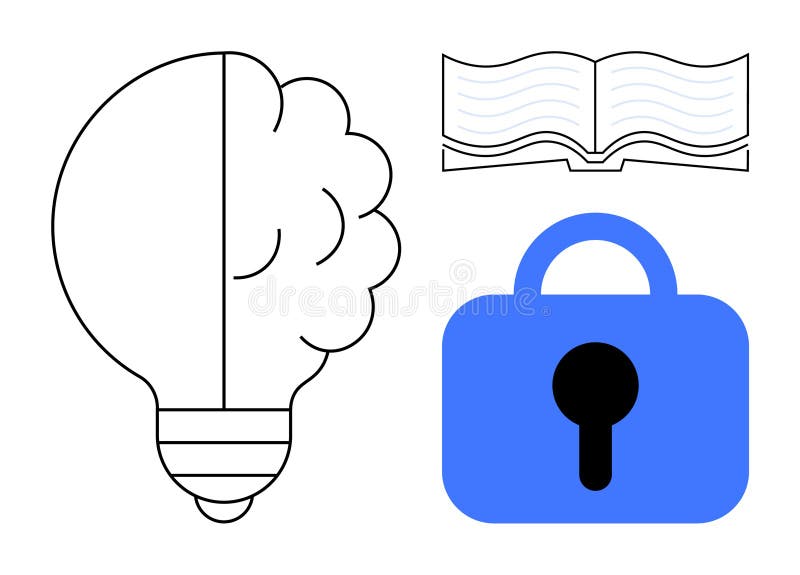 Light Bulb, Open Book, and Blue Lock Symbol in Vector Style for ...