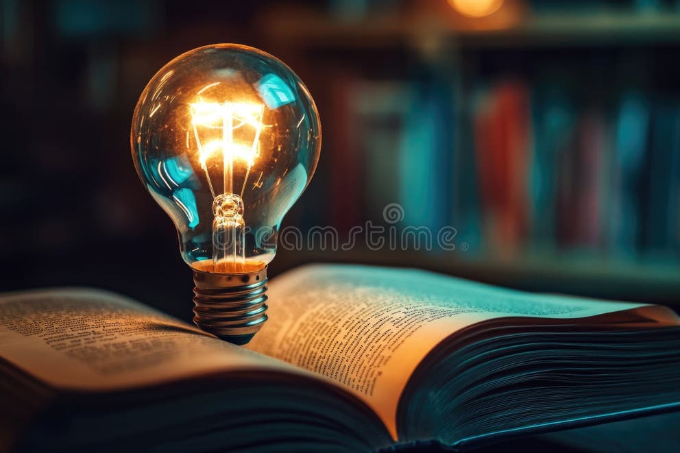 Light Bulb on Open Book stock image. Image of education - 375561035