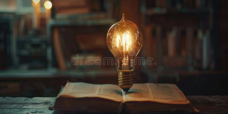 Light bulb on open book stock image. Image of lamp, guidance - 374055541