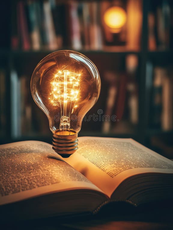 Light Bulb on Open Book stock photo. Image of enlightenment - 374424902