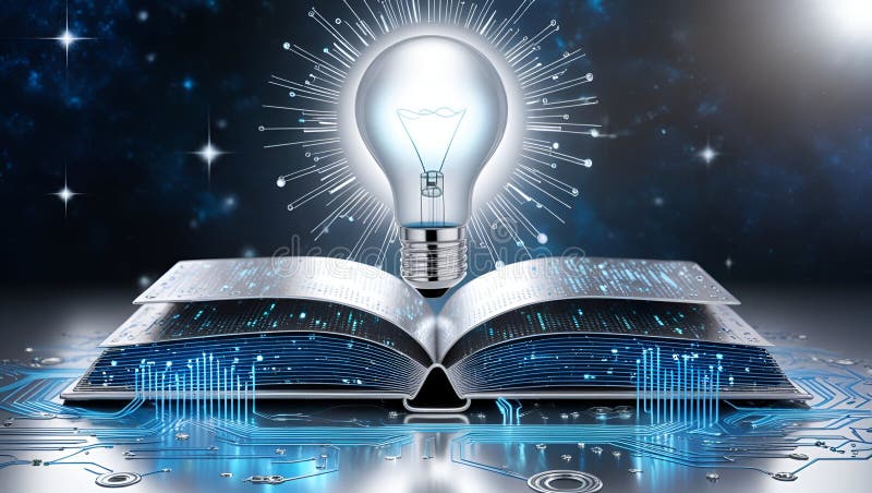 Opened Book with Blue Light Bulb Digital Art, Ideas, Innovation ...