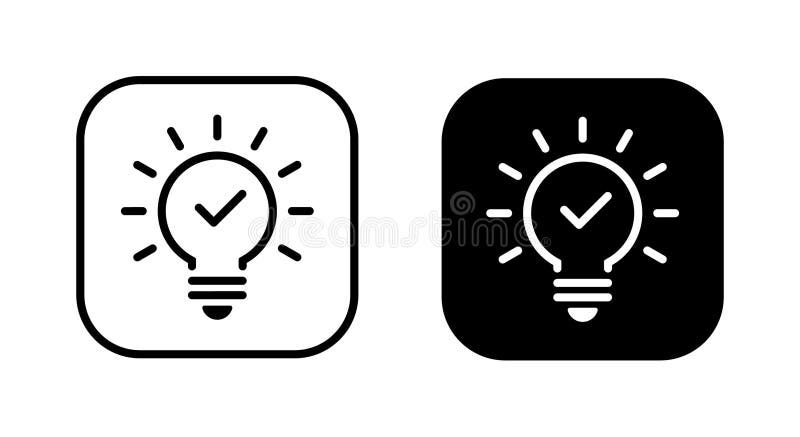 Light Bulb Outline with Check Mark Icon on Black Square. Lamp with Tick ...