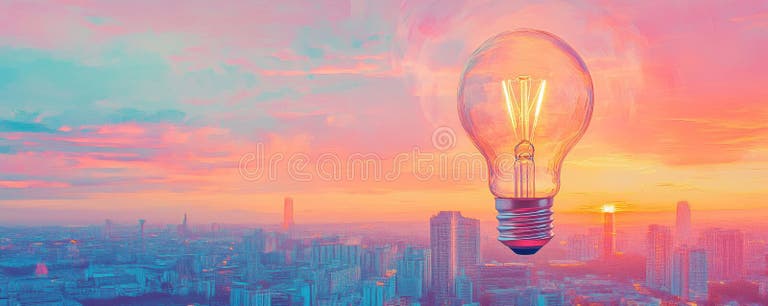 Light Bulb Over Cityscape at Sunrise, Creative Vision Concept Stock ...