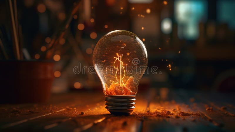A Light Bulb with a Picture of a Man Inside of it on a Table in a Dark ...