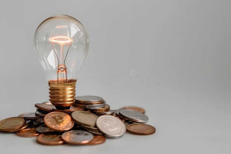 Light Bulb on Pile of Coins Isolated on Grey Background Stock ...