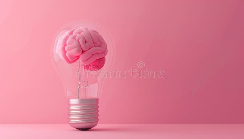 Light Bulb with a Pink Brain Inside on a Pastel Pink Background Stock ...