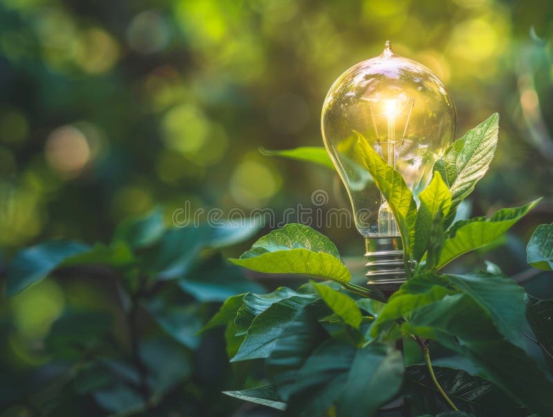 A Light Bulb Placed in a Forest Setting, Illuminated by Warm Sunlight ...
