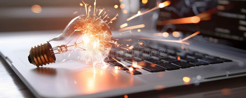 Light Bulb Next To Open Laptop on Gray Background - AI Generated Stock ...