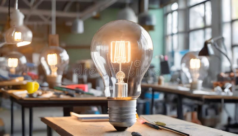 Light Bulb on Wooden Table. Generative AI Stock Photo - Image of ...
