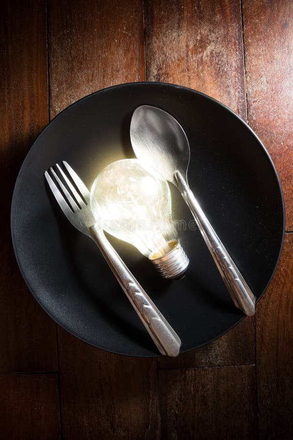 Light Bulb on Plate with Spoon and Fork. Stock Image - Image of concept ...