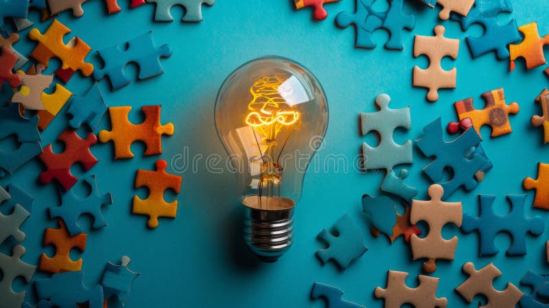 Light Bulb with Puzzle Pieces Concept on Blue Background. Stock Image ...