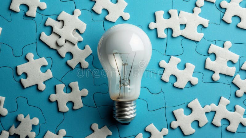 Light Bulb with Puzzle Pieces Concept on Blue Background. Stock Image ...