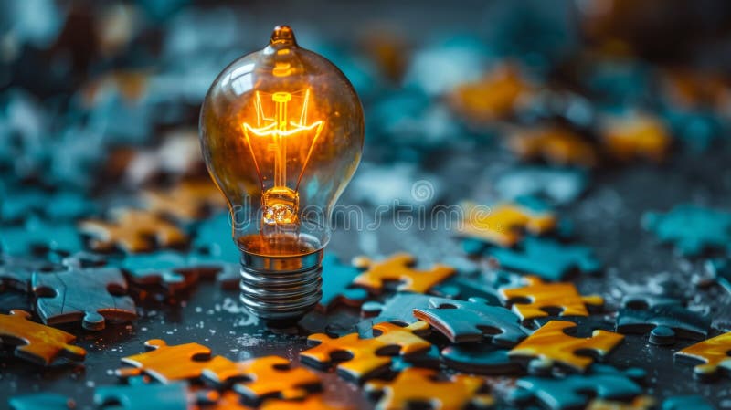 Light Bulb with Puzzle Pieces Concept on Blue Background. Stock Image ...