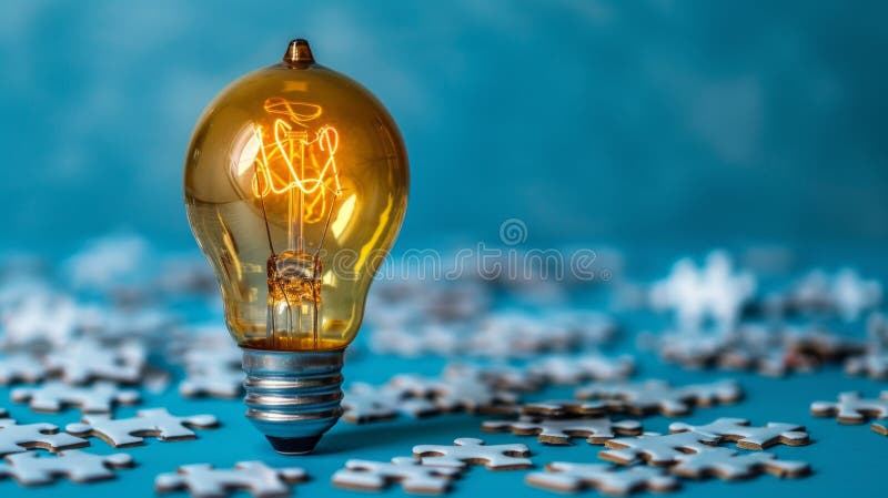Light Bulb with Puzzle Pieces Concept on Blue Background. Stock Photo ...