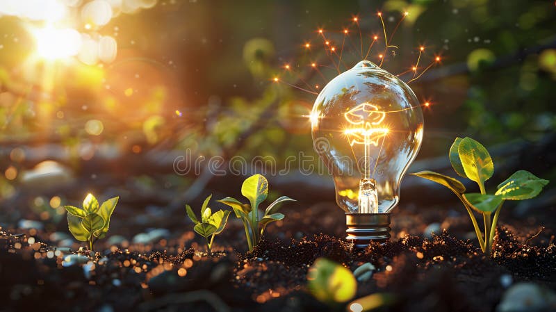 Light Bulb with Rays and Sprouting Seeds Insight. Stock Illustration ...