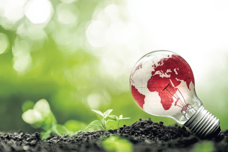 Light Bulb with a Red Map of the World, Symbolizing Environmental ...