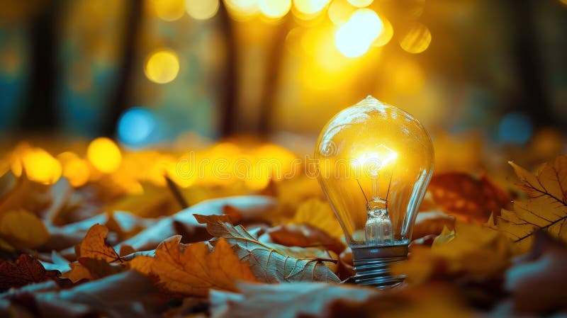 Light Bulb on Fall Leaves stock photo. Image of generated - 308981122