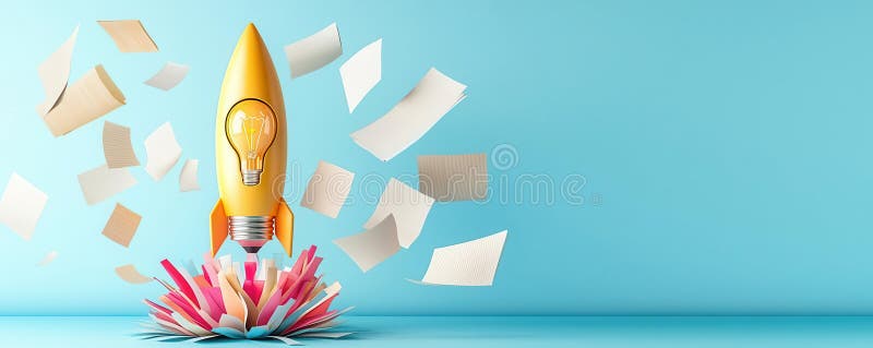 Light Bulb Rocket Surrounded by Flying Idea Papers, Symbolizing ...
