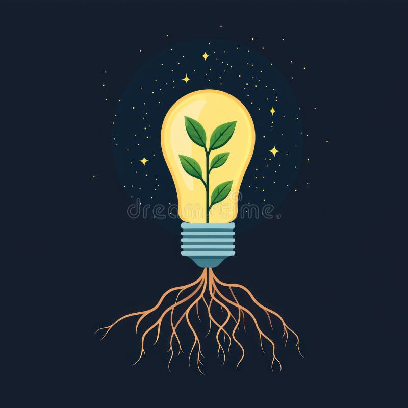 Light Bulb with Roots Symbolizing Idea Growth in Flat Design ...