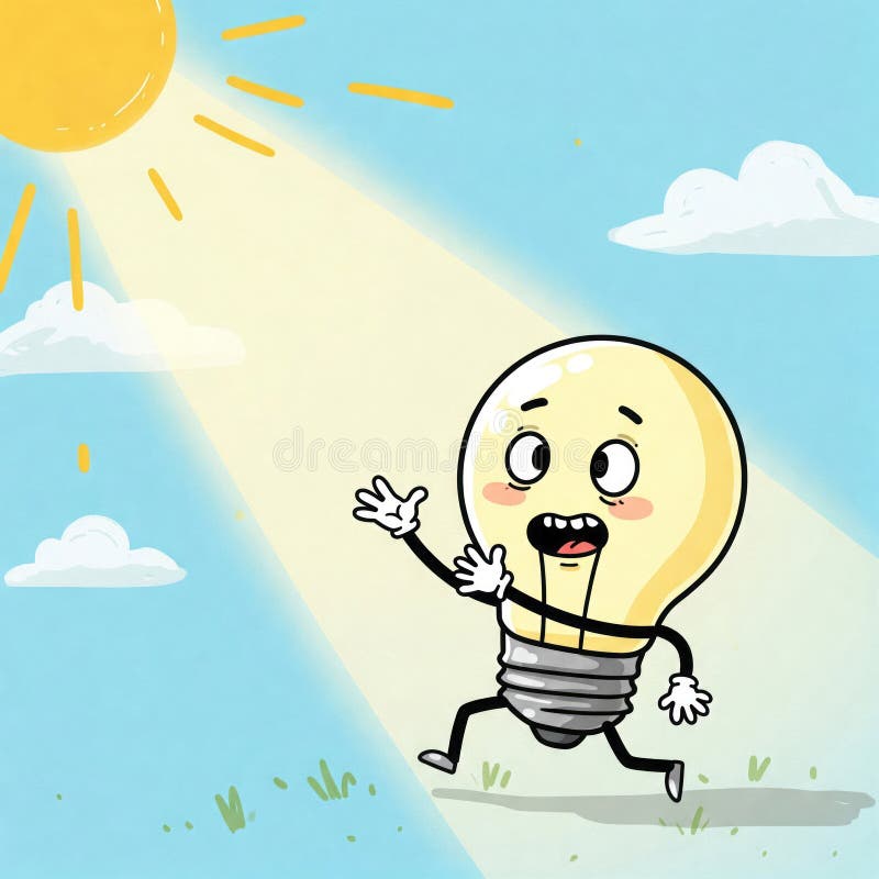 A Light Bulb Running Away from a Ray of Sunlight in a Bright Sky. Stock ...