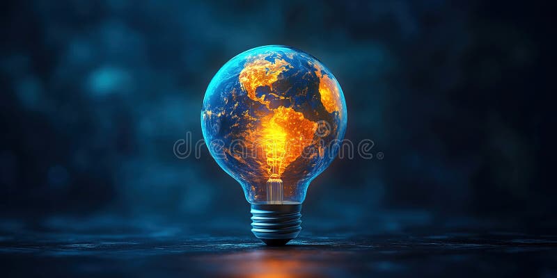 A Light Bulb Shaped Like Planet Earth Glows Against a Dark Backdrop ...