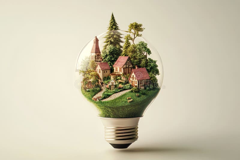 A Light Bulb-shaped Sculpture Featuring Tiny Houses and Trees ...