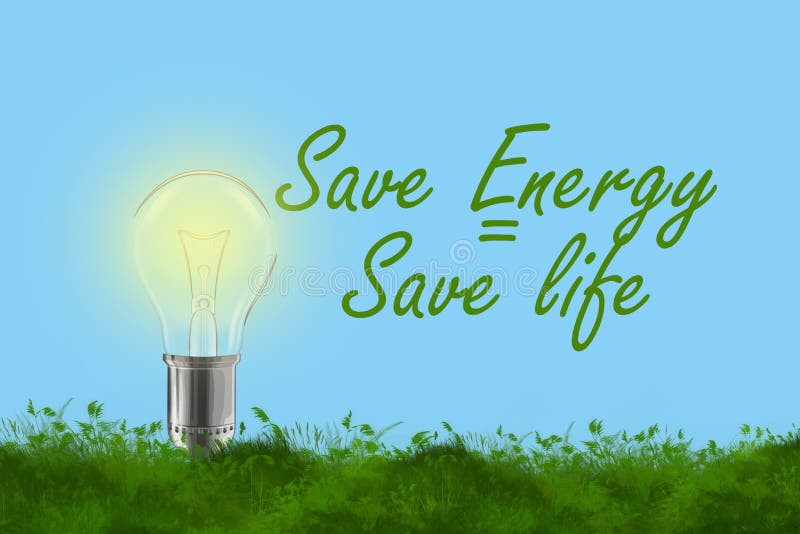 A Light Bulb Shines Over the Green Grass. Save Energy - Save Life Stock ...