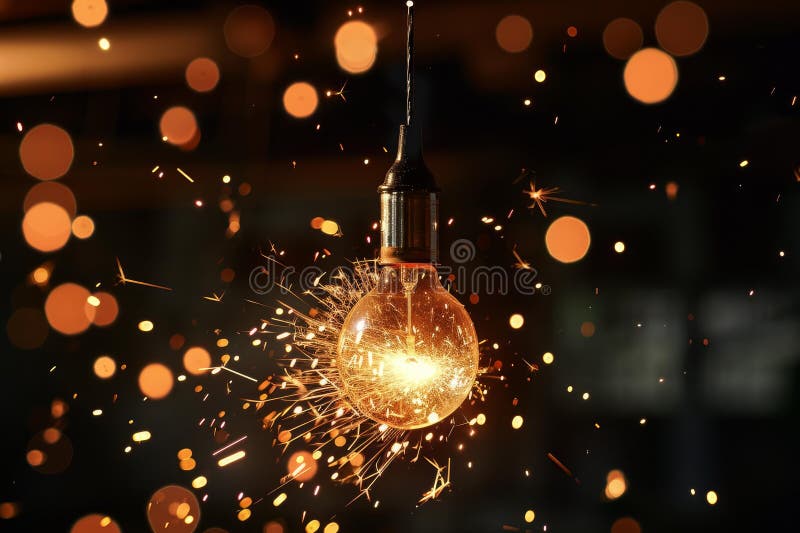 Light Bulb Shining with Falling Sparks on a Dark Background Stock Photo ...