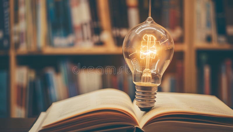 Light Bulb Shining on Open Book with Blurred Background - AI Generated ...