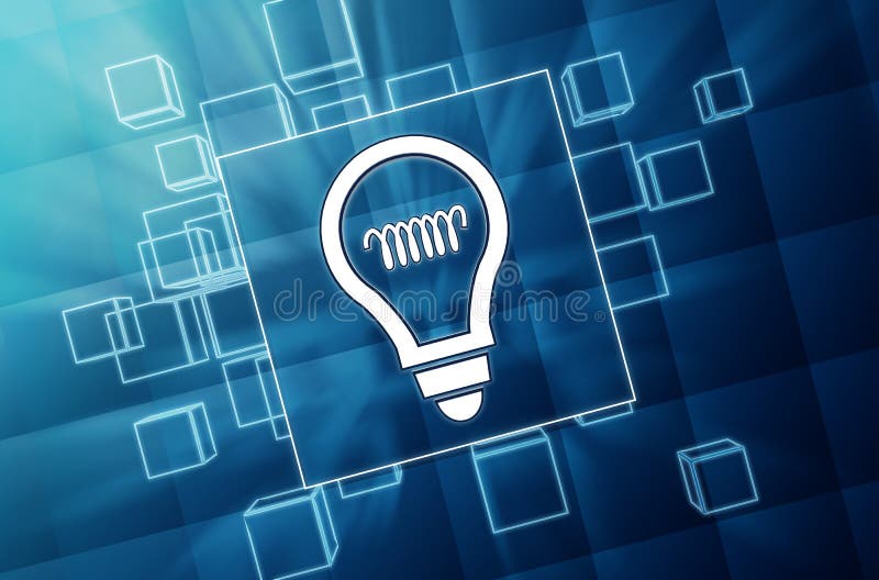 Light Bulb Sign in Blue Glass Blocks Stock Image - Image of progress ...