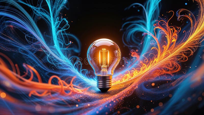 A Light Bulb Sits at the Center, Illuminated with a Warm Glow, while ...