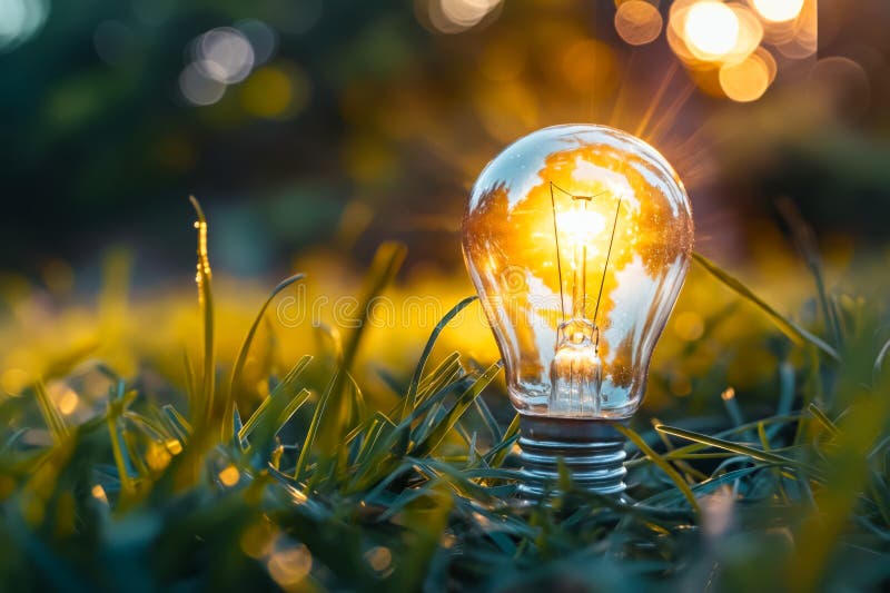 A Light Bulb Sitting in the Grass with the Sun Shining through it ...