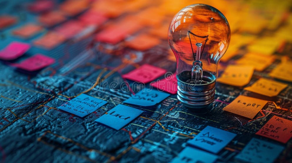 A Light Bulb is Sitting on a Table with a Bunch of Colorful Sticky ...